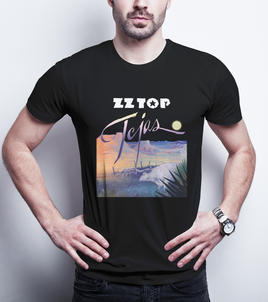 Zz Top Tejas Desert Scene With White Longhorn Under Moon T-Shirt
