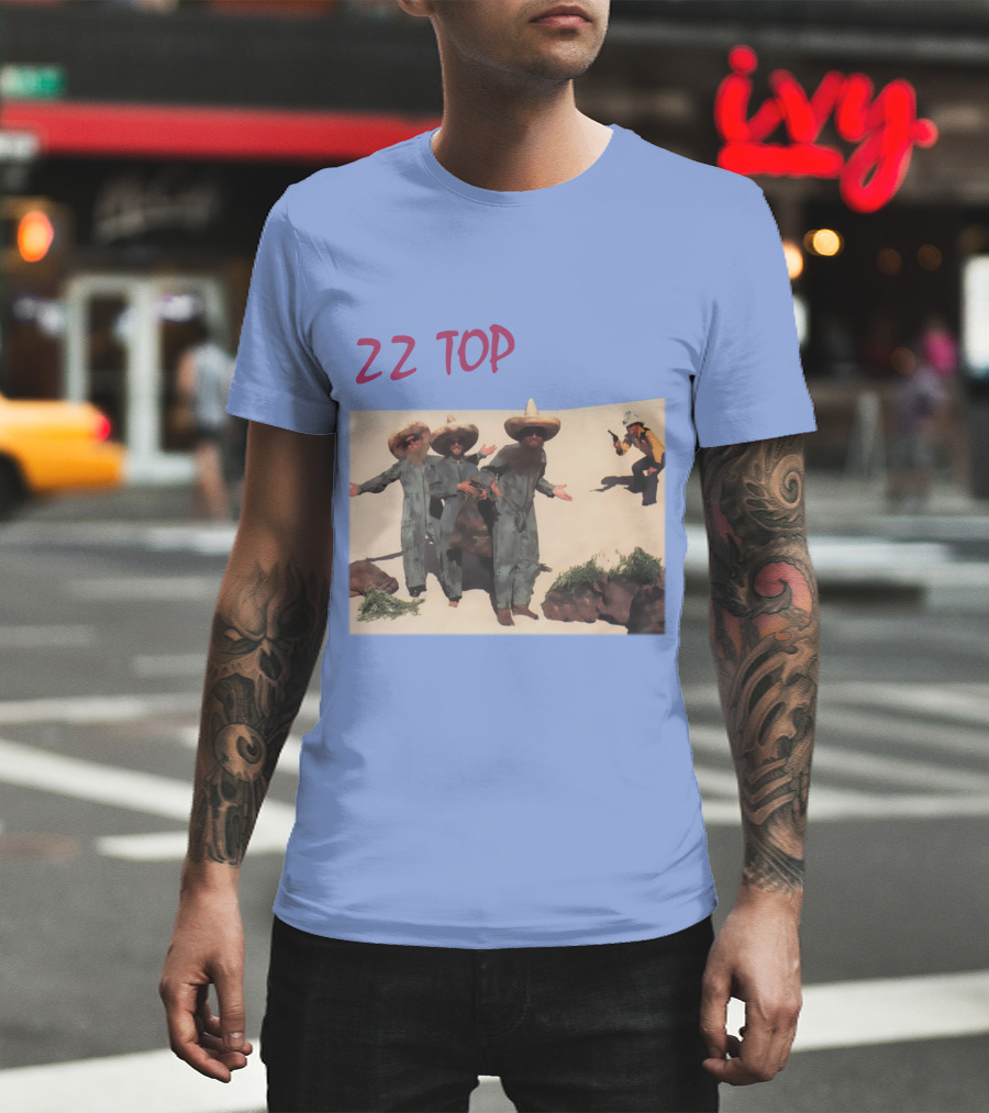 Zz Top Desert Photo Trio With Cowboy Hats And Guitar 자세히 보기 T-Shirt