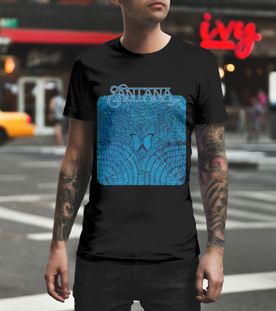 Santana Blue Butterfly And Feathers T-Shirt