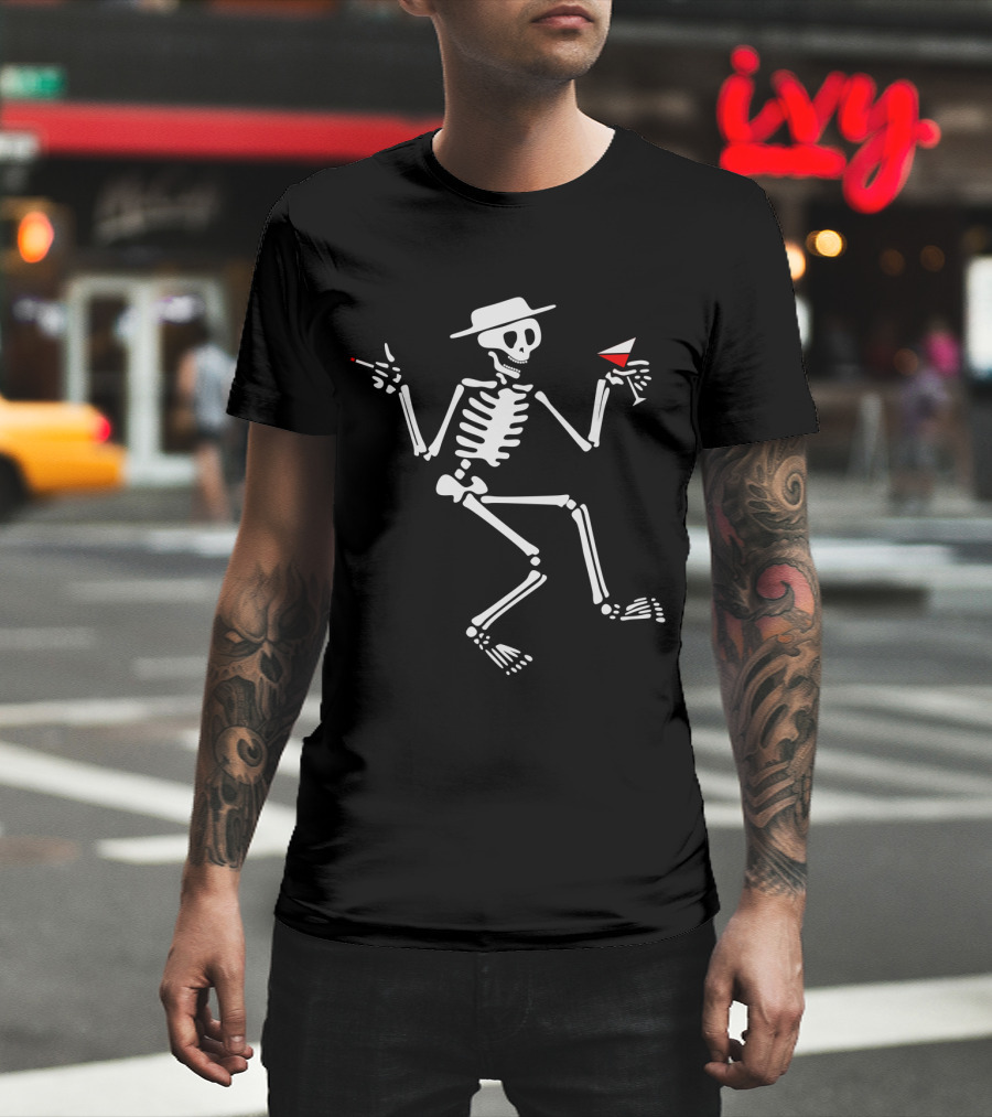 Sd 28 Dancing Skeleton With Hat Smoking Cigarette And Holding Cocktail T-Shirt
