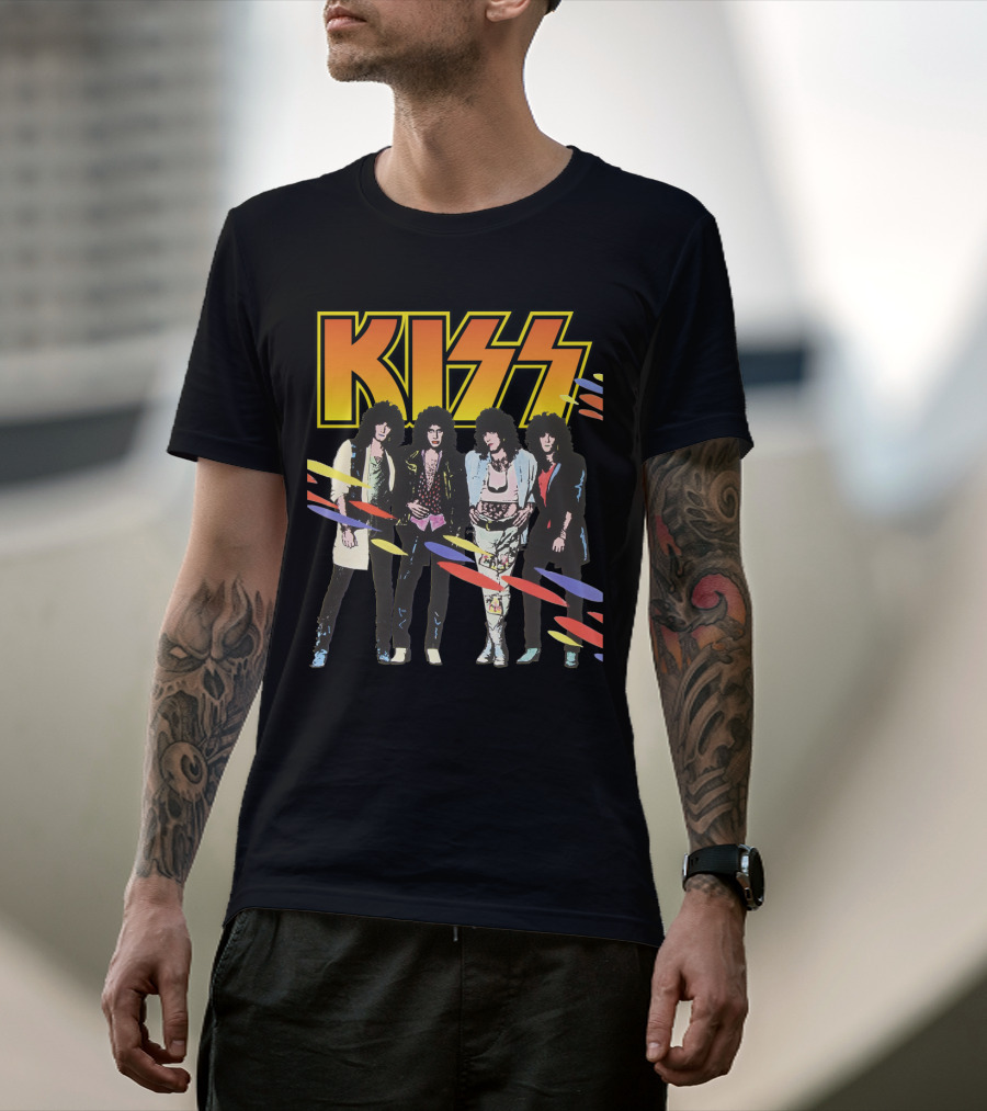 Kiss Band Retro Look With Colorful Stripes T-Shirt