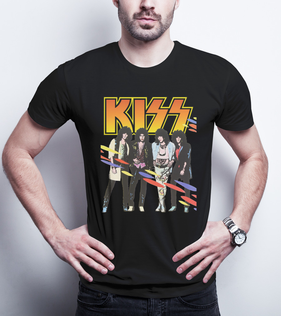 Kiss Band Retro Look With Colorful Stripes T-Shirt