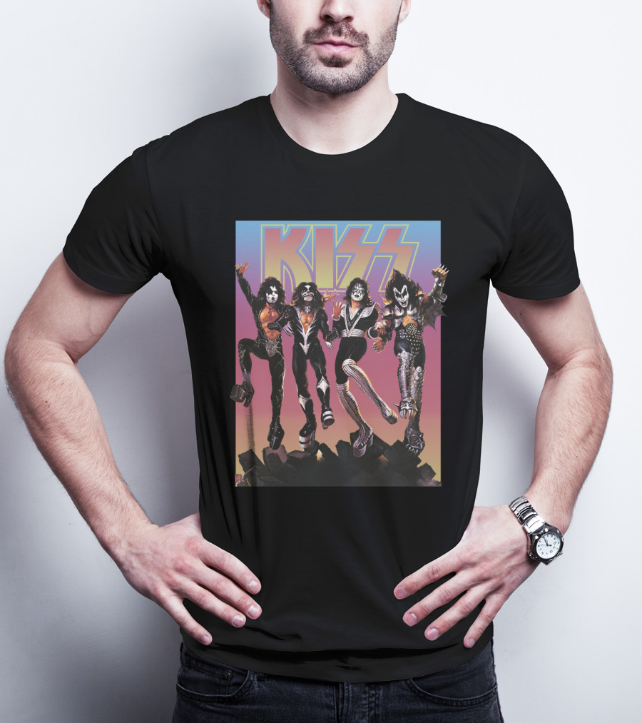 Kiss Band Characters With Bold Logo And Colorful T-Shirt