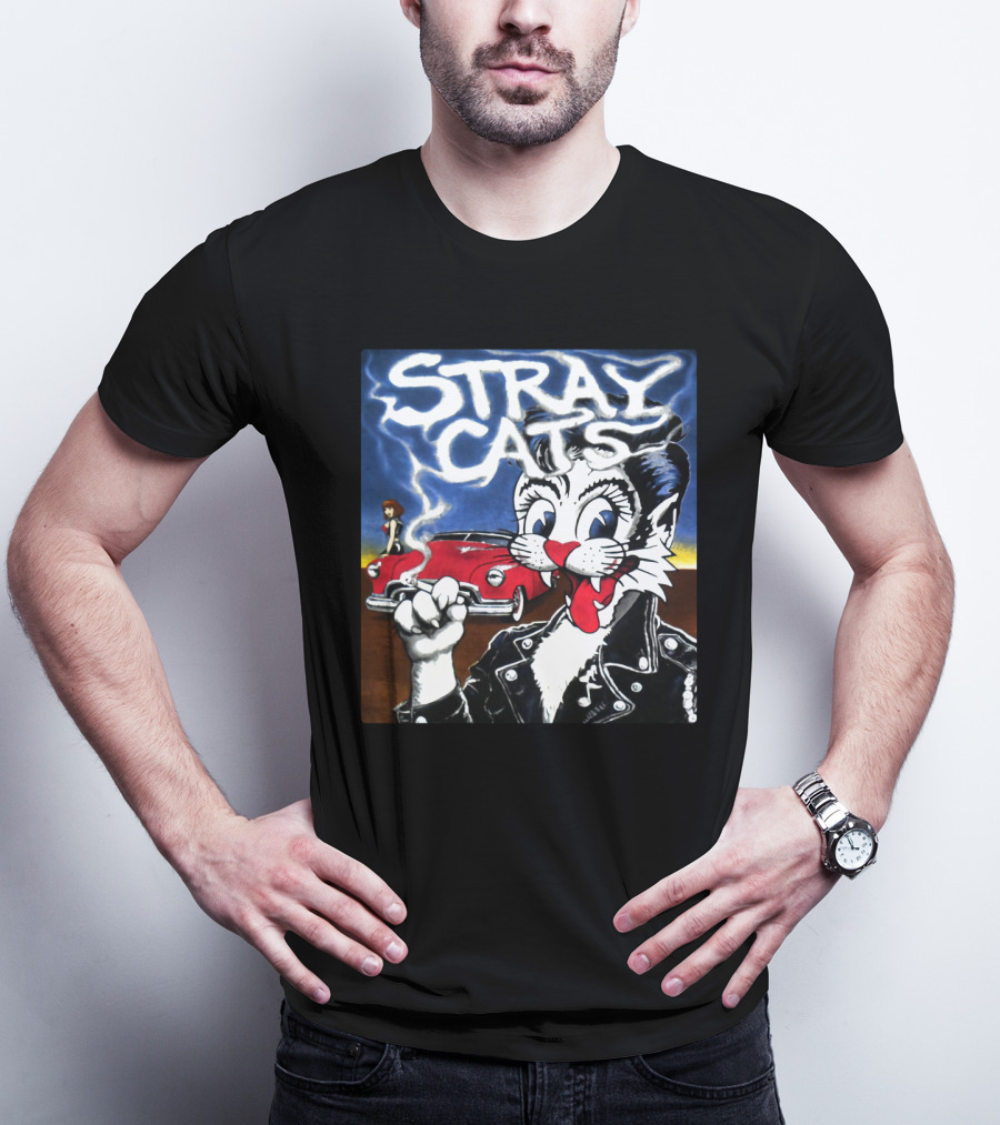 Stray Cats Rockabilly Band Retro Art With Cat Smoking In Leather Jacket T-Shirt