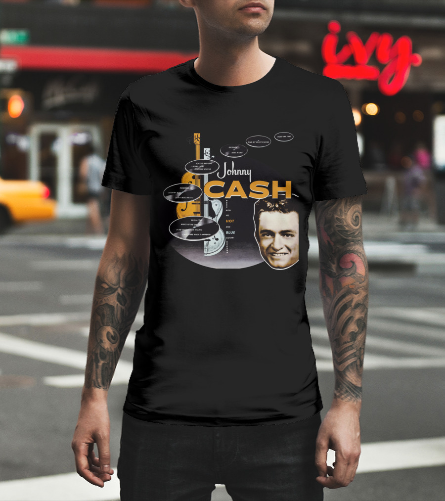 Johnny Cash Man In Black Hot And Blue Guitar Songs T-Shirt