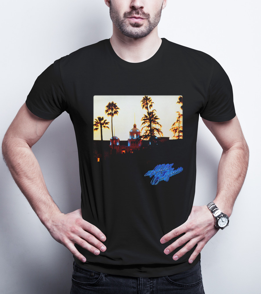 Hotel California Night Scene With Palm Trees And Neon Style T-Shirt