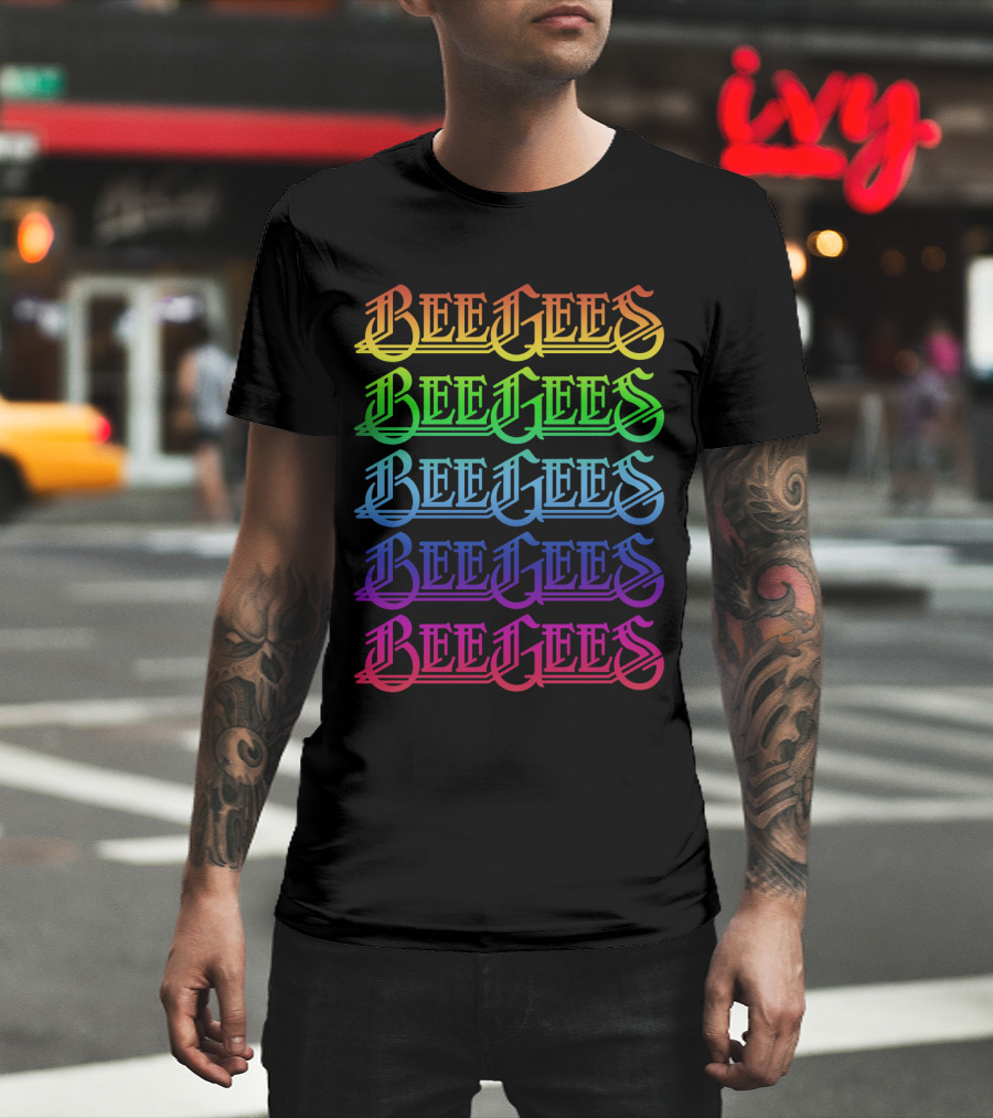 Bee Gees Rainbow Text Multi-Color Typography T-Shirt