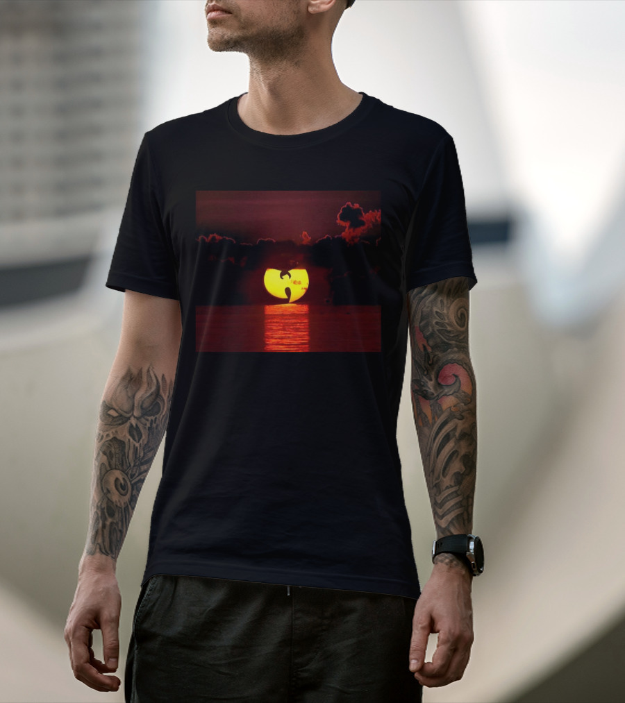 Wtc Sunset Reflection With Wu-Tang Clan Logo Silhouette Over Water T-Shirt