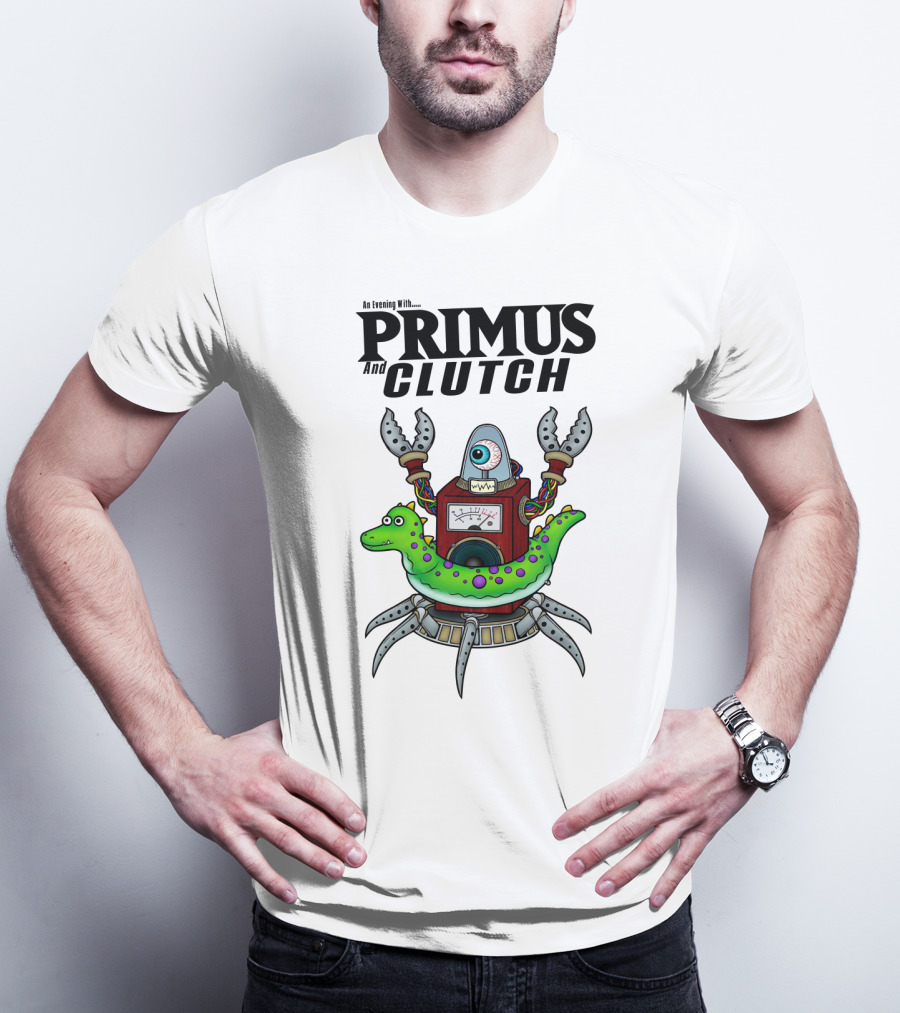 An Evening With Primus And Clutch Robot Monster With Alligator Alien Creature T-Shirt