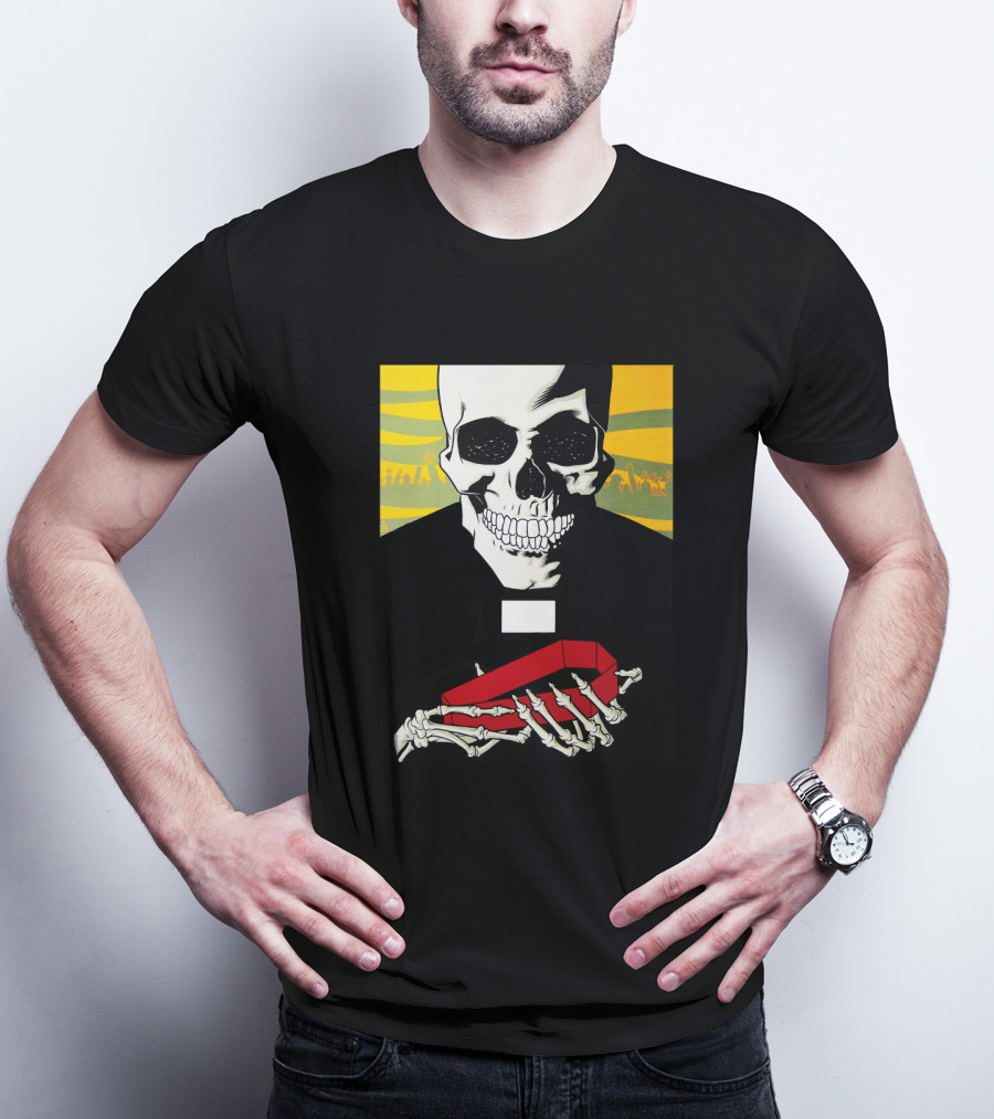 Bold Skeleton With Red Coffin On Striped Yellow T-Shirt