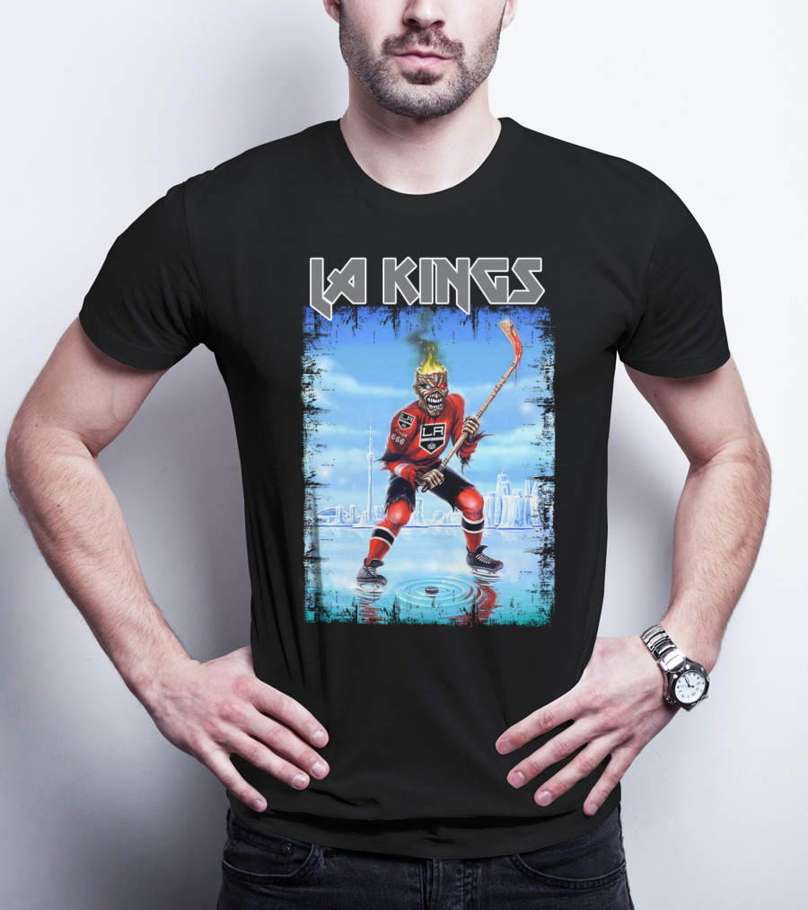 La Kings Fiery Hockey Player With Skyscraper T-Shirt