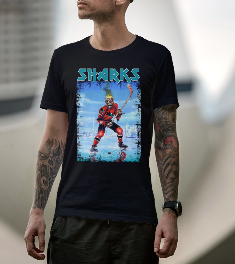 Sharks Hockey Fiery Skeleton Player On Ice T-Shirt