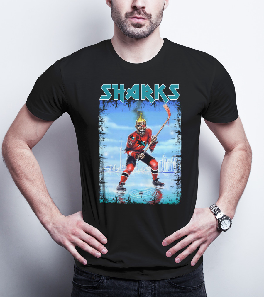 Sharks Hockey Fiery Skeleton Player On Ice T-Shirt
