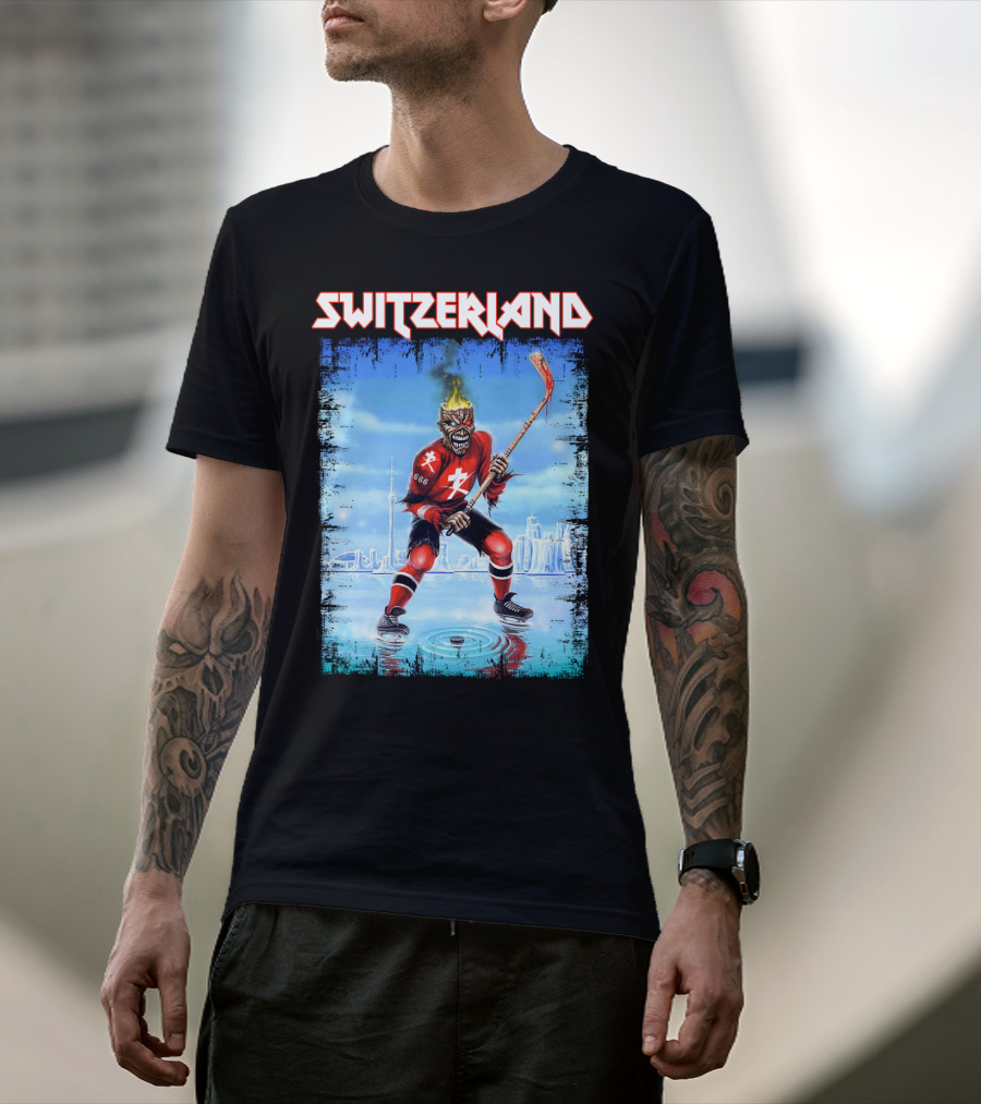 Switzerland Ice Hockey Skeleton With Flaming Head And Hockey Stick 666 Red Uniform Urban Ice Rink T-Shirt