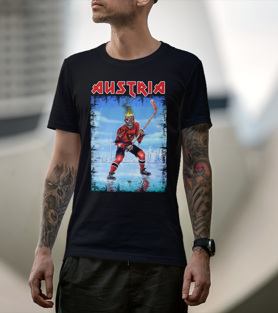 Austria Hockey Skeleton With Red And Black Flames And Vienna Skyline T-Shirt