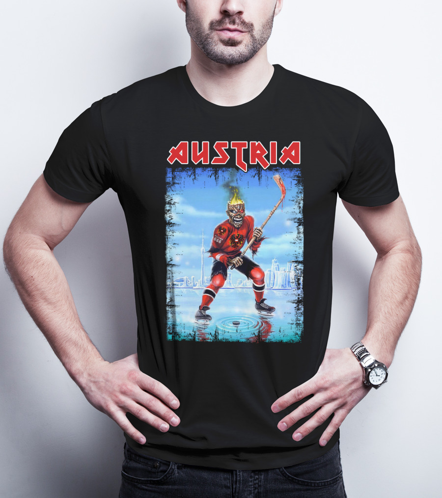 Austria Hockey Skeleton With Red And Black Flames And Vienna Skyline T-Shirt