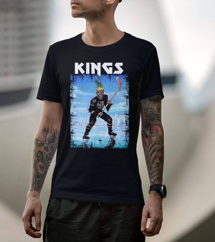 Kings Los Angeles Hockey Fiery Skull Player Ice Skating Scene T-Shirt