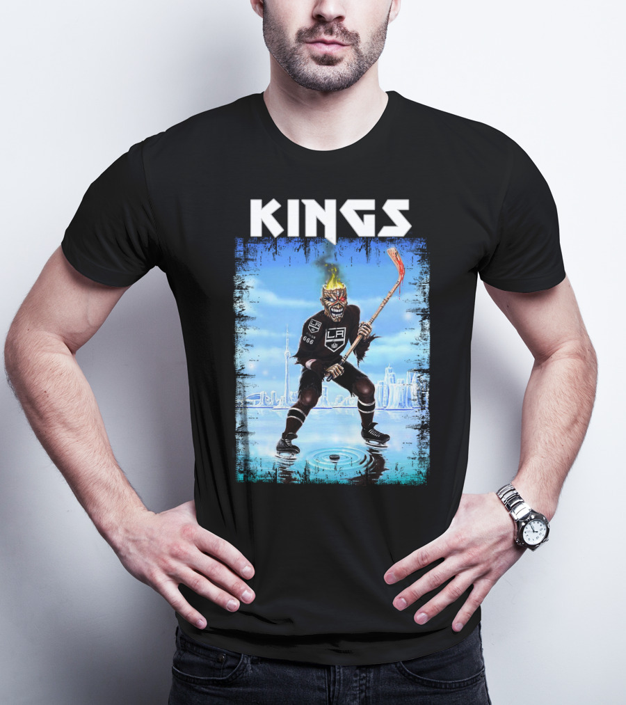 Kings Los Angeles Hockey Fiery Skull Player Ice Skating Scene T-Shirt