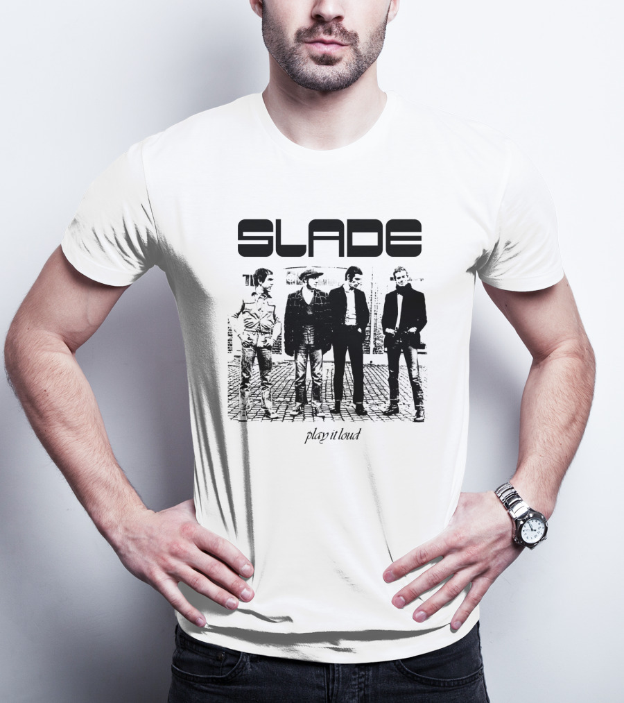Slade Play It Loud Band Members Black And White Group Photo T-Shirt