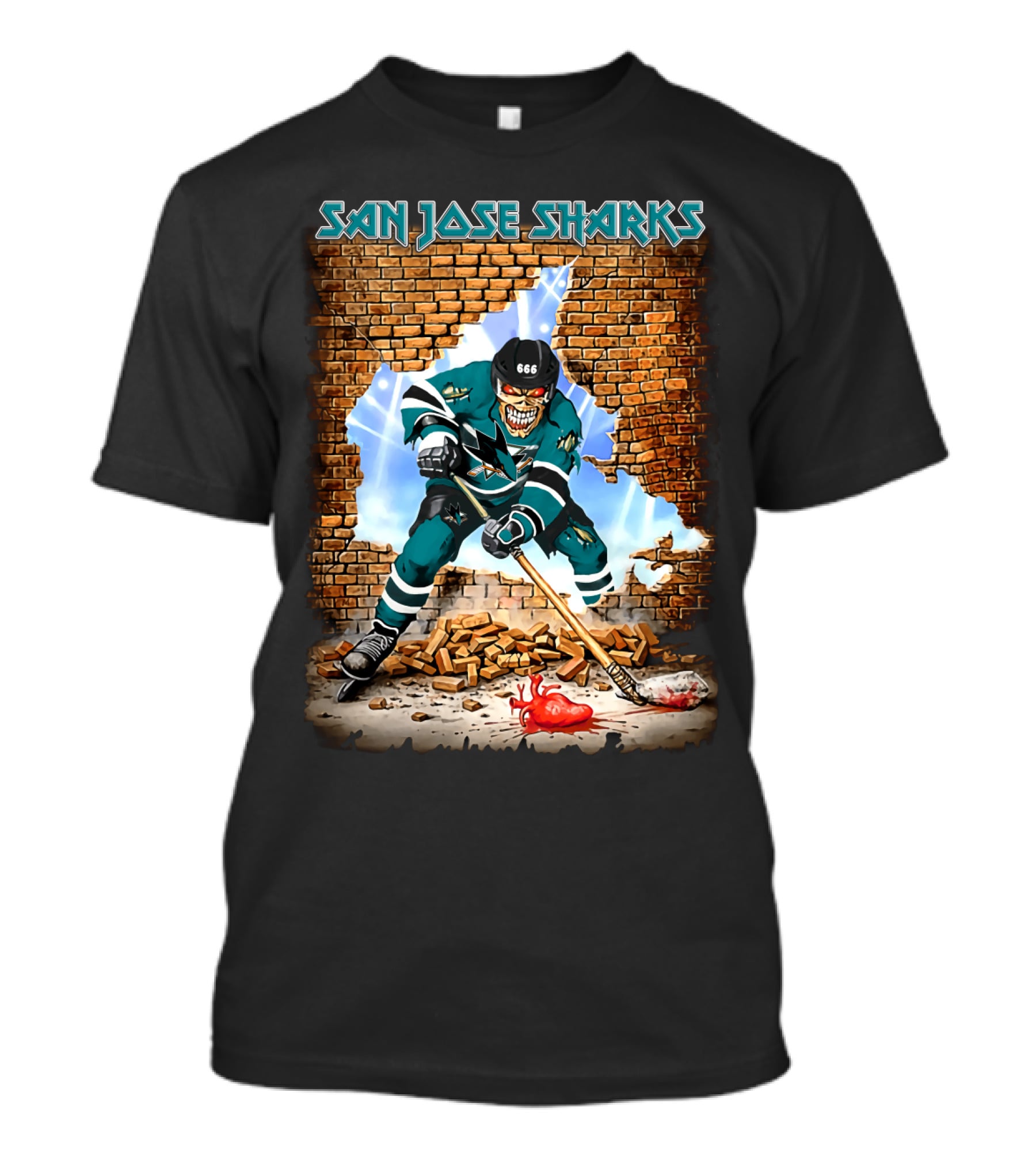 San Jose Sharks Skeleton Hockey Player Breaking Brick Wall T-Shirt