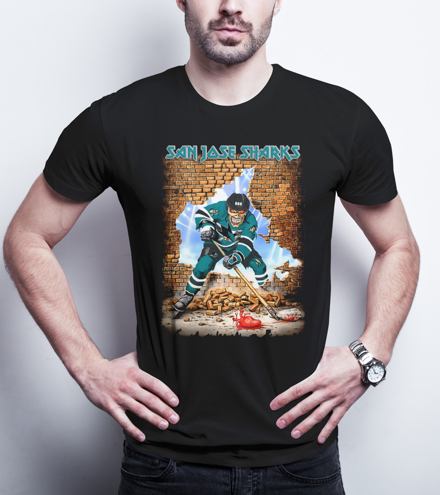 San Jose Sharks Skeleton Hockey Player Breaking Brick Wall T-Shirt