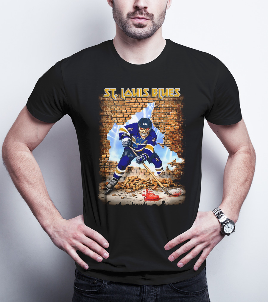 St. Louis Blues Hockey Skeleton Breaking Brick Wall T-Shirt