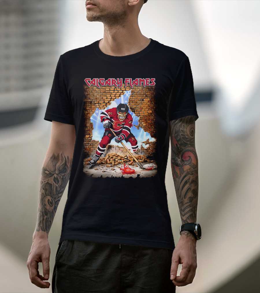 Calgary Flames Skeleton Hockey Player Breaking Through Wall T-Shirt