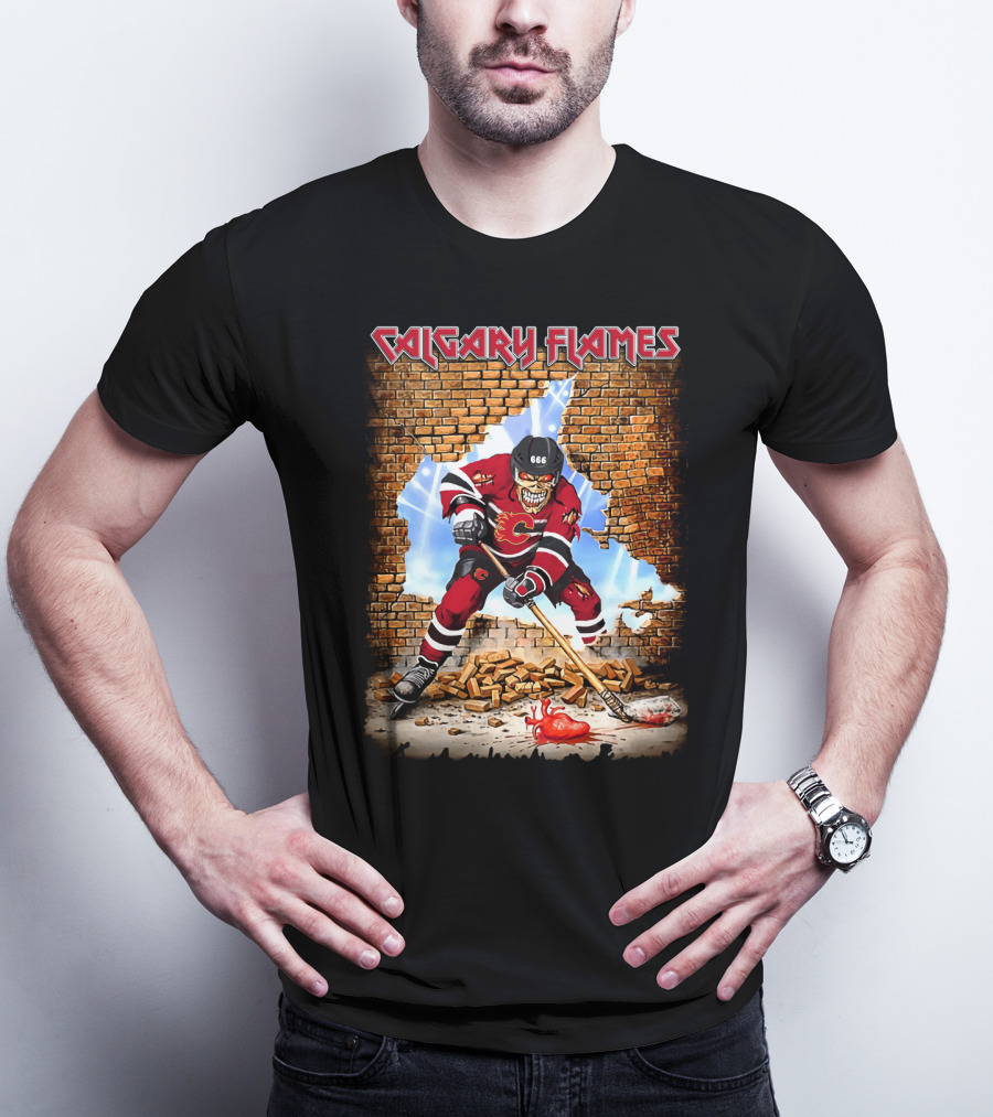 Calgary Flames Skeleton Hockey Player Breaking Through Wall T-Shirt