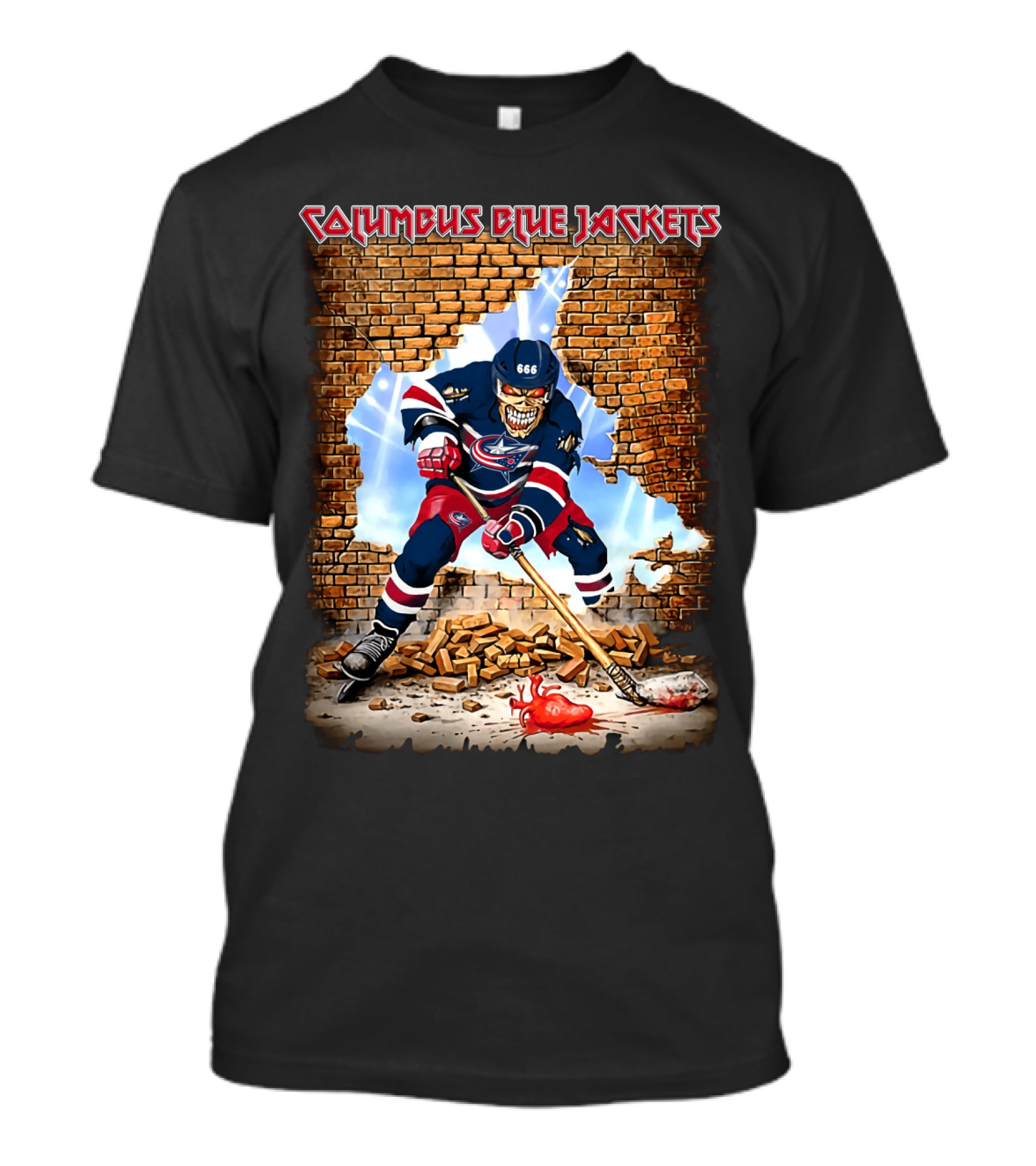 Columbus Blue Jackets Breaking Through Hockey Skeleton T-Shirt