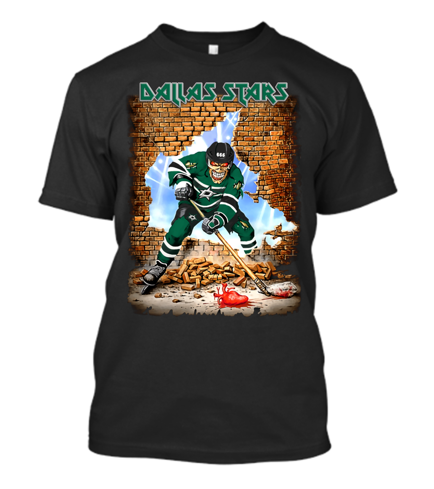 Dallas Stars Hockey Player Breaking Through Brick Wall With Skull Face And Hockey Stick T-Shirt