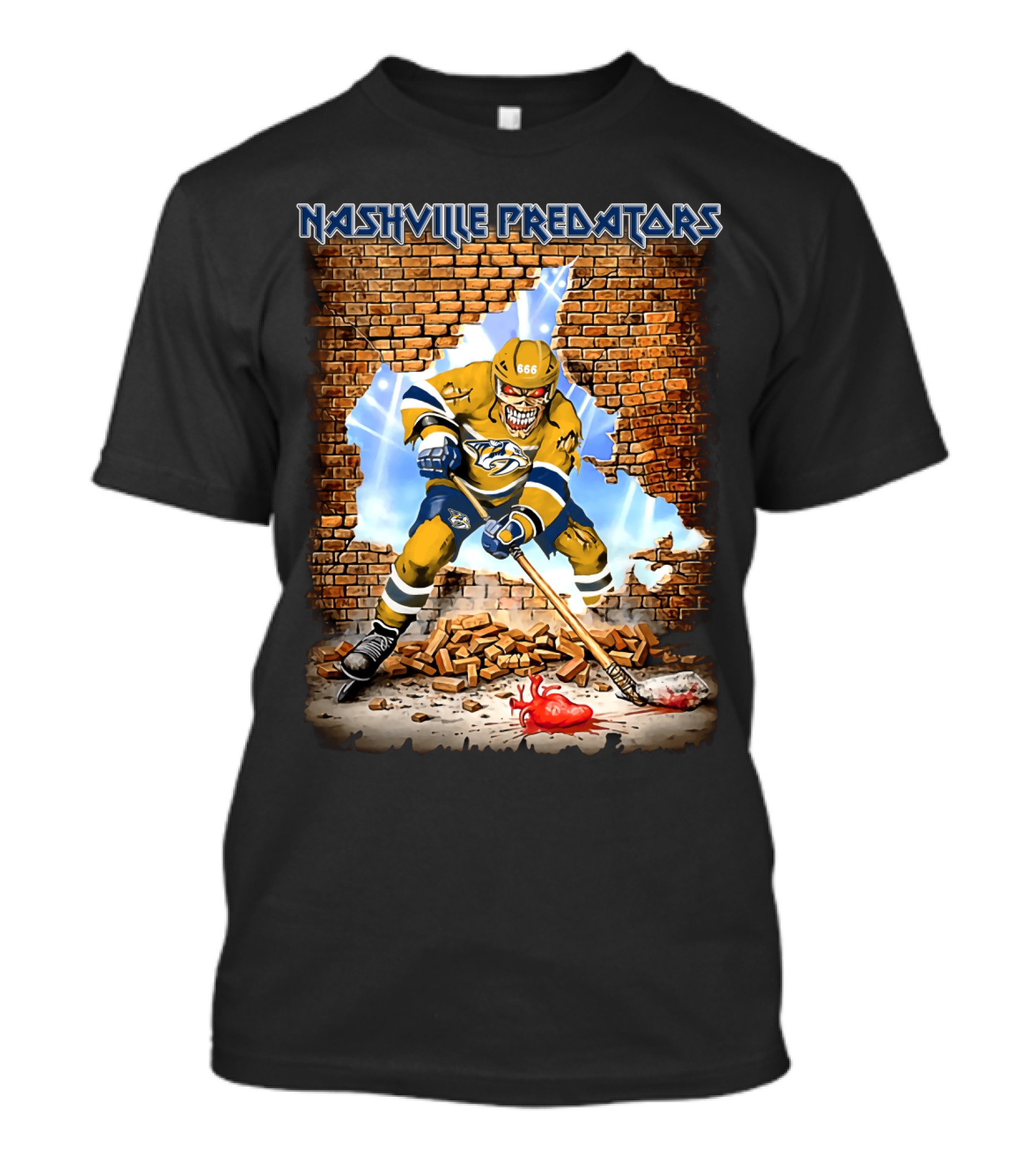 Nashville Predators Hockey Player Smashing Through Brick Wall With Heart And Lightning T-Shirt