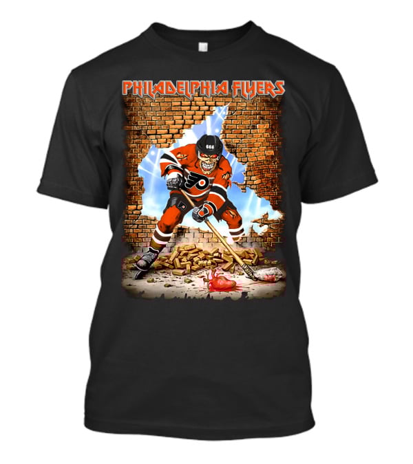 Philadelphia Flyers Skeleton Hockey Player Breaking Wall T-Shirt