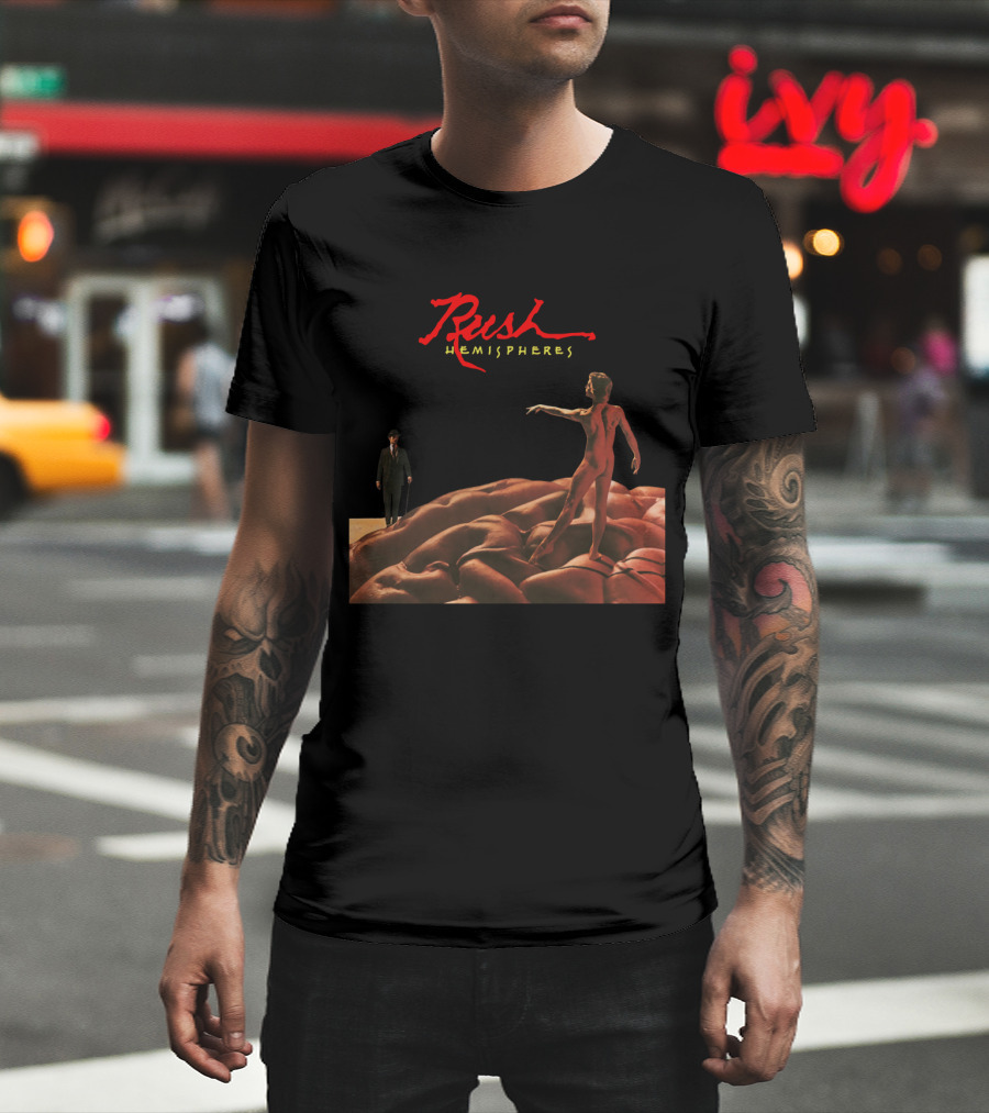 Rush Hemispheres Red Text Nude Figure On Brain With Man In Black Suit T-Shirt