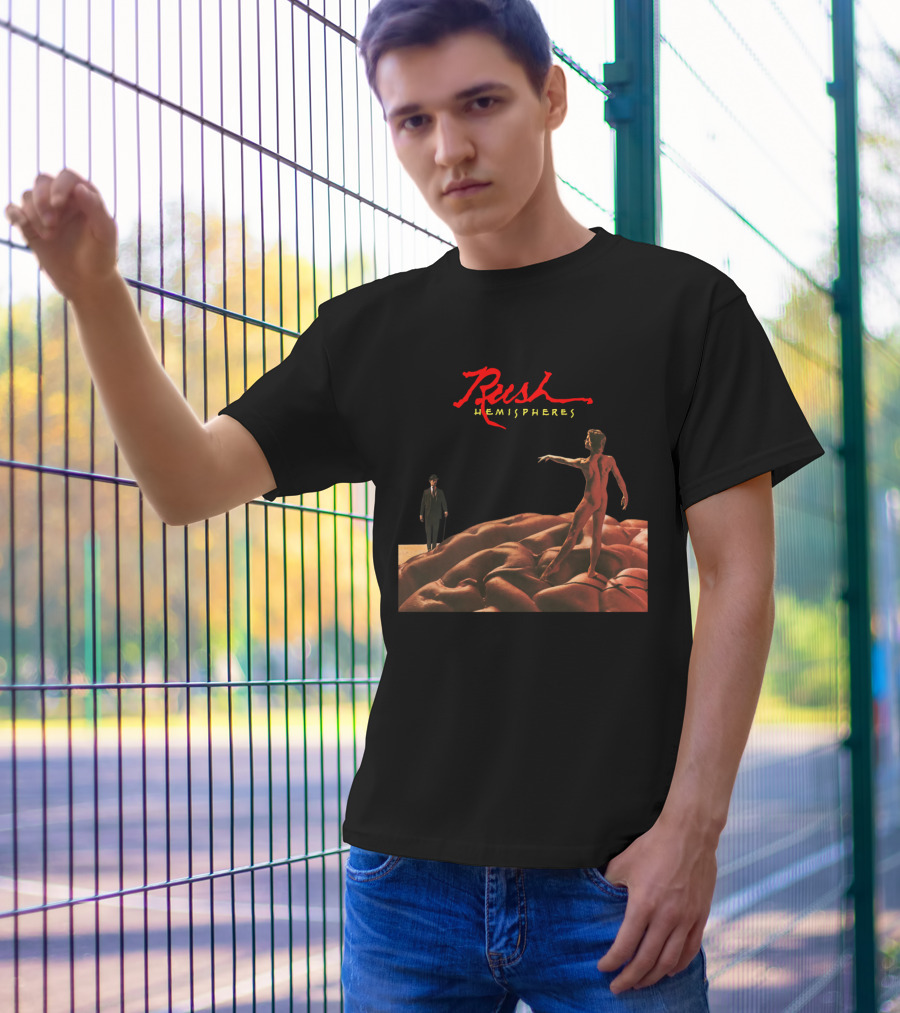 Rush Hemispheres Red Text Nude Figure On Brain With Man In Black Suit T-Shirt