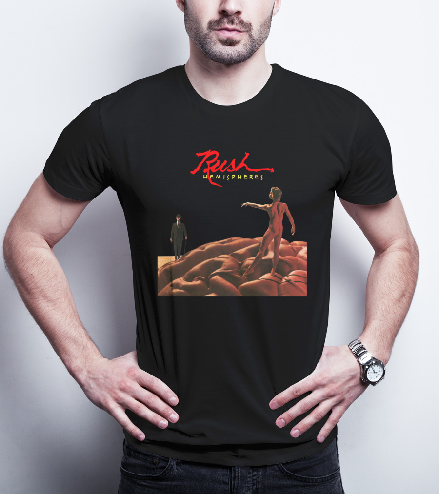Rush Hemispheres Red Text Nude Figure On Brain With Man In Black Suit T-Shirt