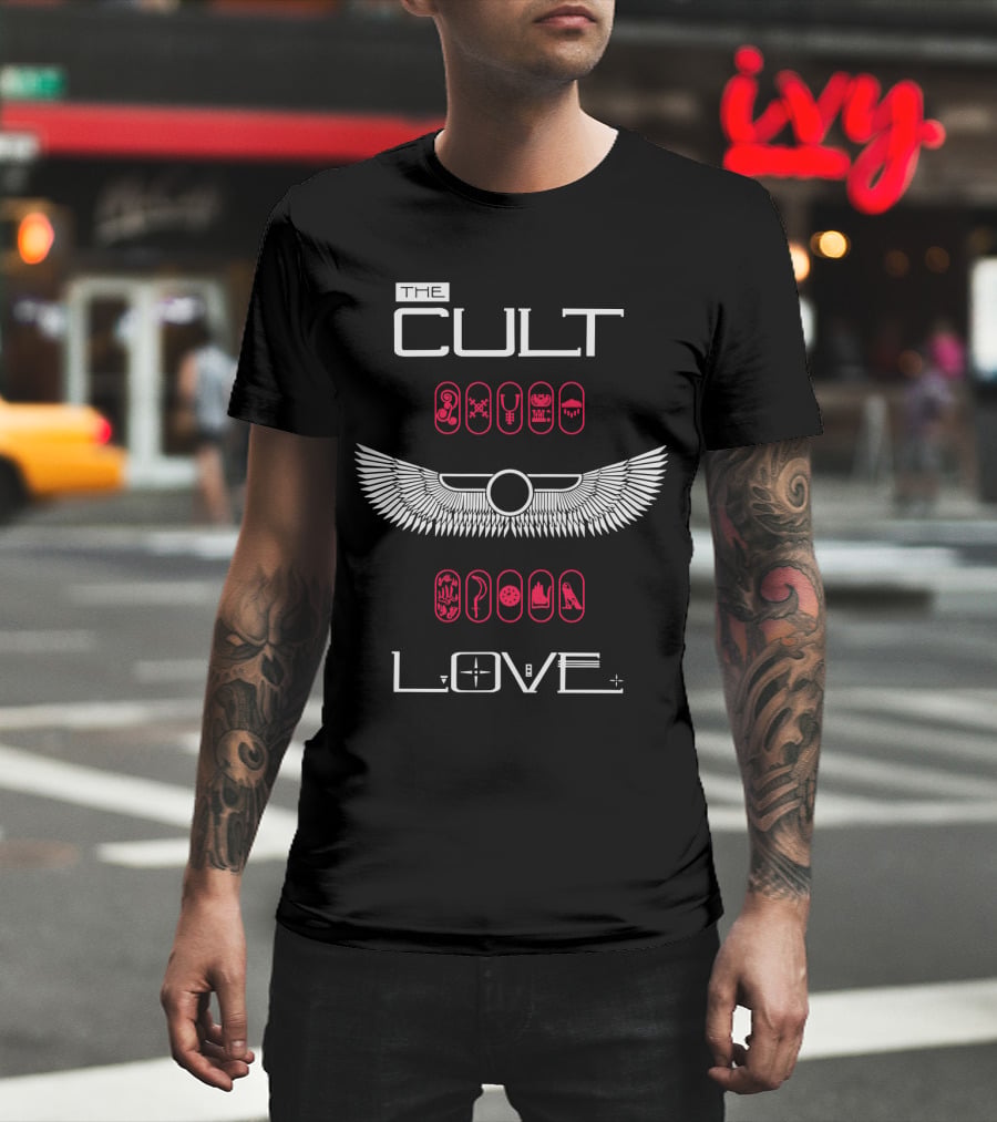 The Cult Love Album Egyptian Winged Symbols With Hieroglyphs Red And White T-Shirt