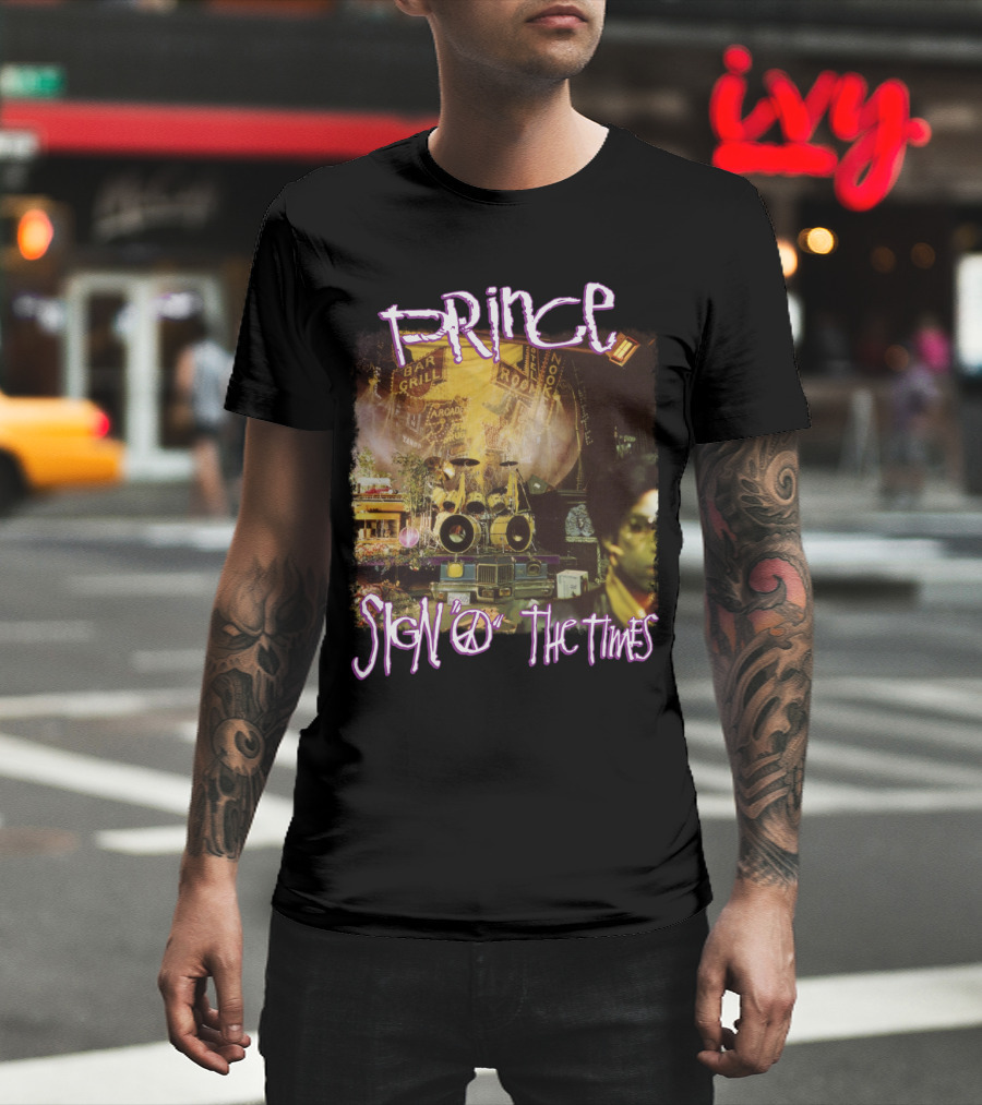 Prince Sign O The Times Album Cover Art With Musical Instruments And Stage Visuals T-Shirt