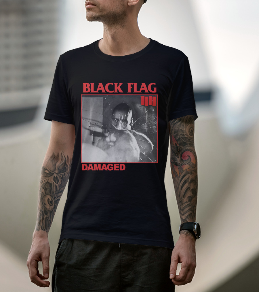 Black Flag Damaged Album Cover Black And White Broken Glass Image T-Shirt