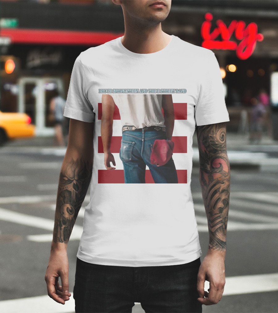 Bruce Springsteen And The E Street Band Born In The U.S.A. Denim Red Cap Stripes Iconic Album Cover T-Shirt