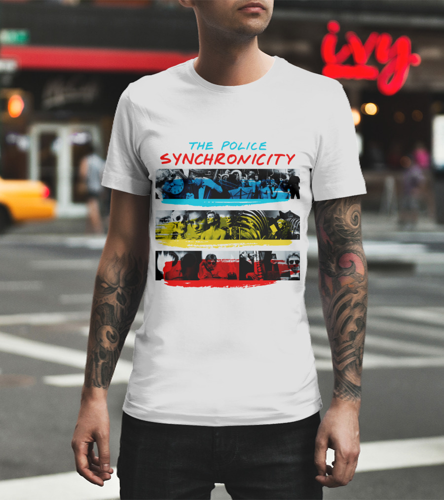 The Police Synchronicity Album Cover Art Blue Yellow Red Stripes T-Shirt