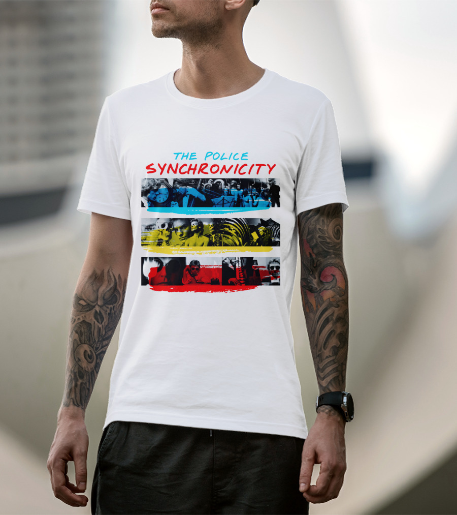 The Police Synchronicity Album Cover Art Blue Yellow Red Stripes T-Shirt