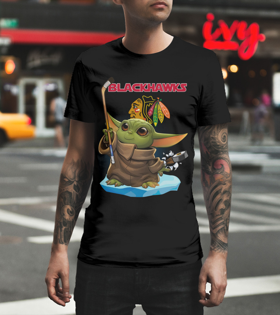 Blackhawks Baby Yoda Star Wars Hockey Crossover T-Shirt