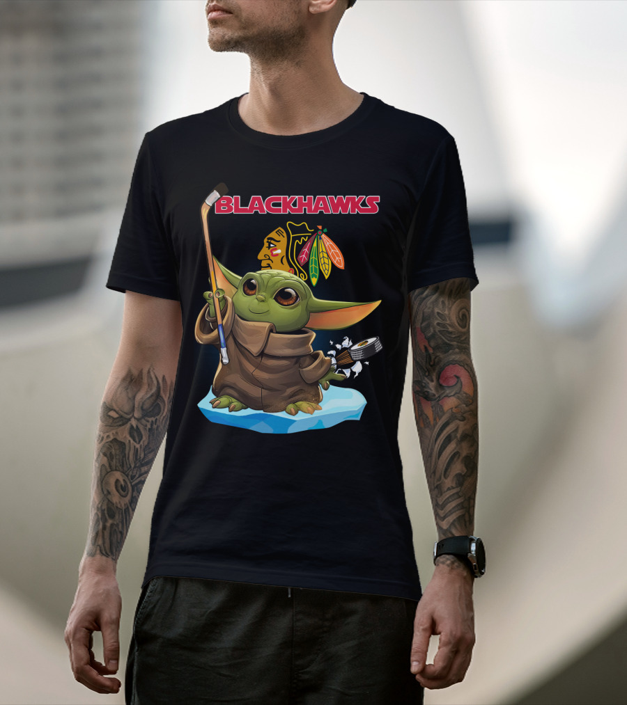 Blackhawks Baby Yoda Star Wars Hockey Crossover T-Shirt