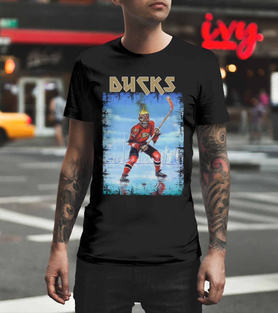 Anaheim Ducks Hockey Skeleton Warrior Skating On Ice T-Shirt