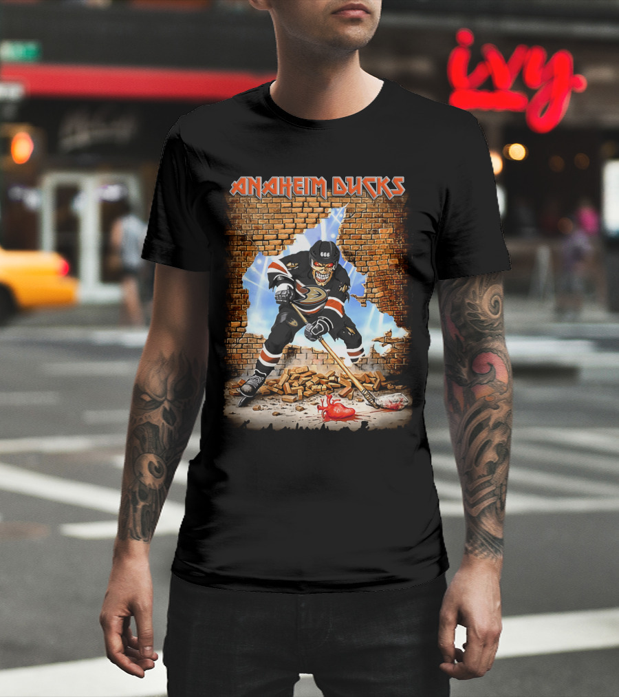 Anaheim Ducks Hockey Player Breaking Through Wall With Skeleton Face Jersey Number 666 T-Shirt