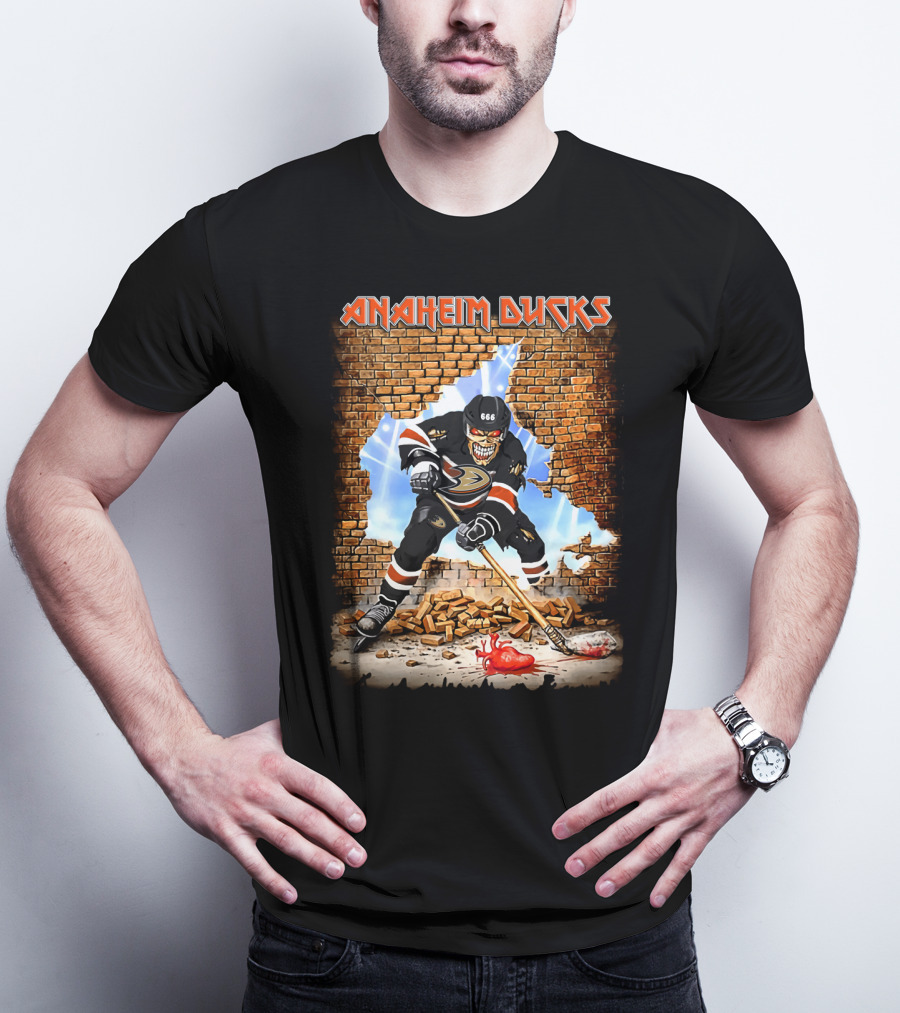 Anaheim Ducks Hockey Player Breaking Through Wall With Skeleton Face Jersey Number 666 T-Shirt