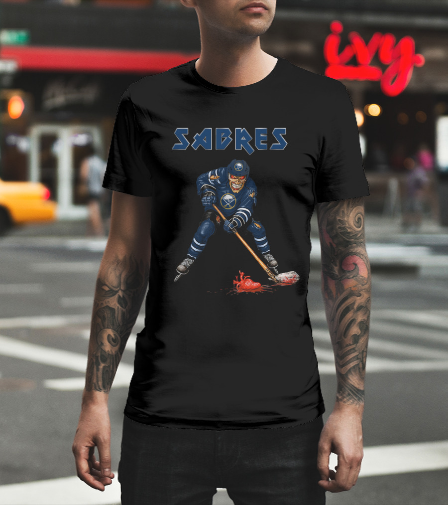 Sabres Grim Reaper Hockey Player With Bloody Heart And Stick T-Shirt