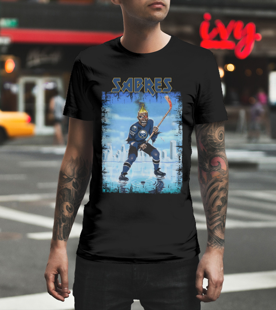 Sabres Hockey Themed Artwork With Dark Background And Fiery T-Shirt
