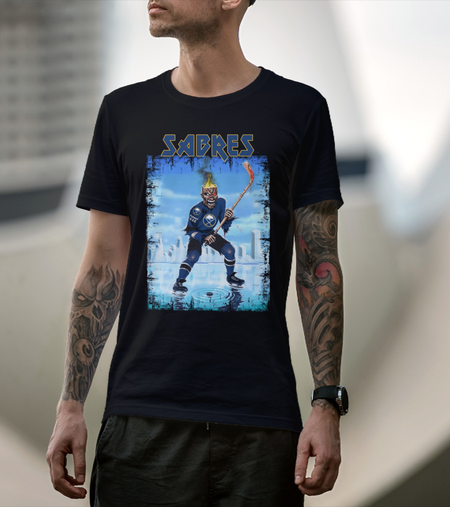 Sabres Hockey Themed Artwork With Dark Background And Fiery T-Shirt