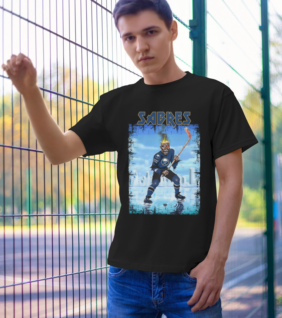 Sabres Hockey Themed Artwork With Dark Background And Fiery T-Shirt